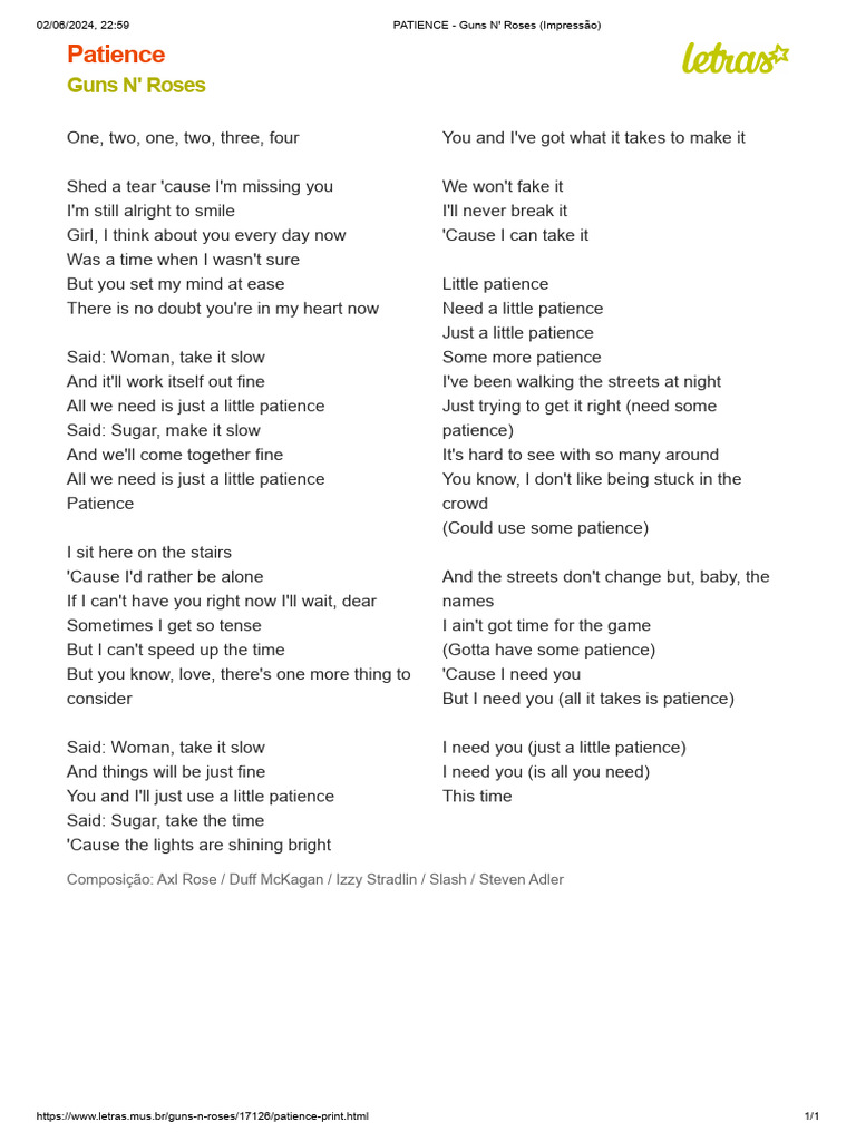 Guns N' Roses: Patience Lyrics | PDF | Rock Music | American Musicians