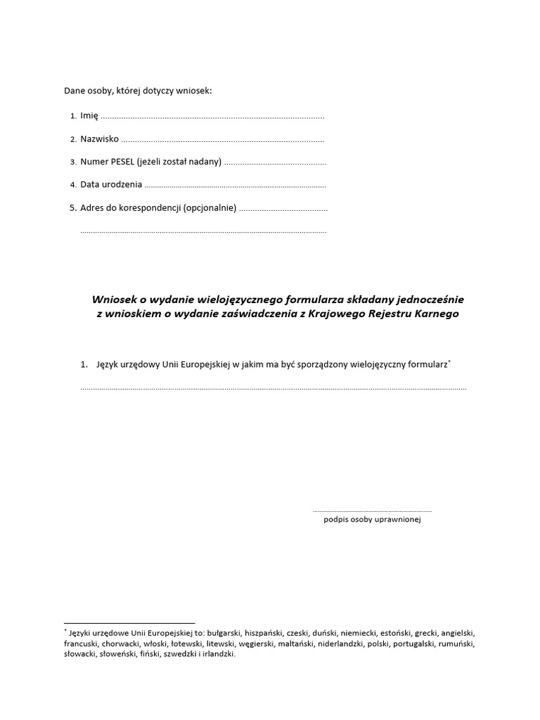 Wzór Wniosku o Wydanie Formularza Jednocześnie Z Zaświadczeniem KRK | PDF Wzór Wniosku o Wydanie Formularza Jednocześnie Z Zaświadczeniem KRK | PDF
