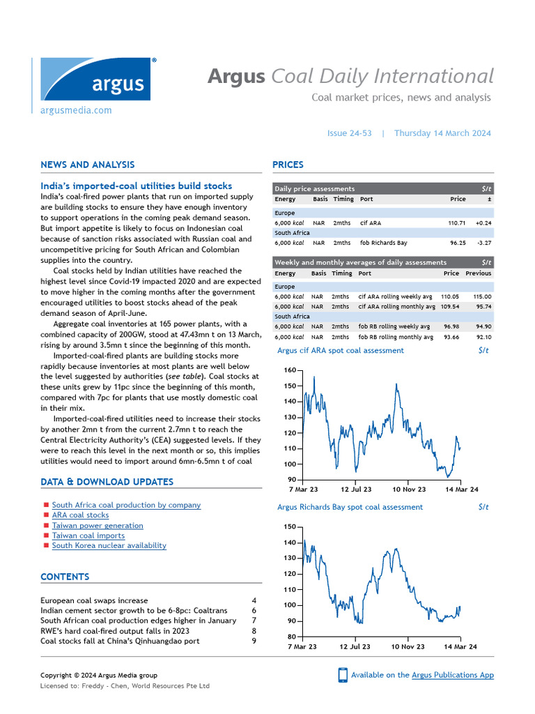 Argus Coal Daily International (2024!03!14) | PDF | Coal