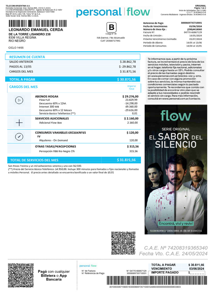 Factura Telecom Personal - Mayo 2024 | PDF