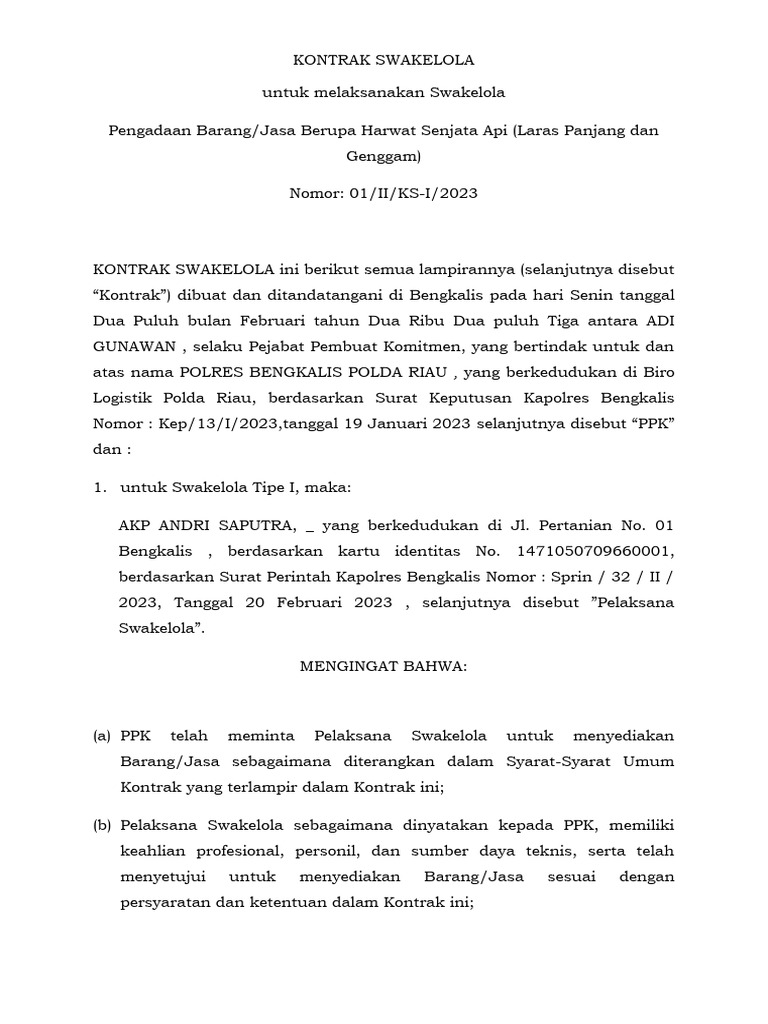 Kontrak Swakelola Tipe 1 2023 | PDF