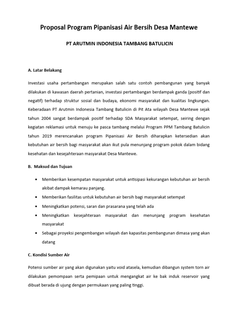 Proposal Program Pipanisasi Air Bersih Desa Mantewe | PDF