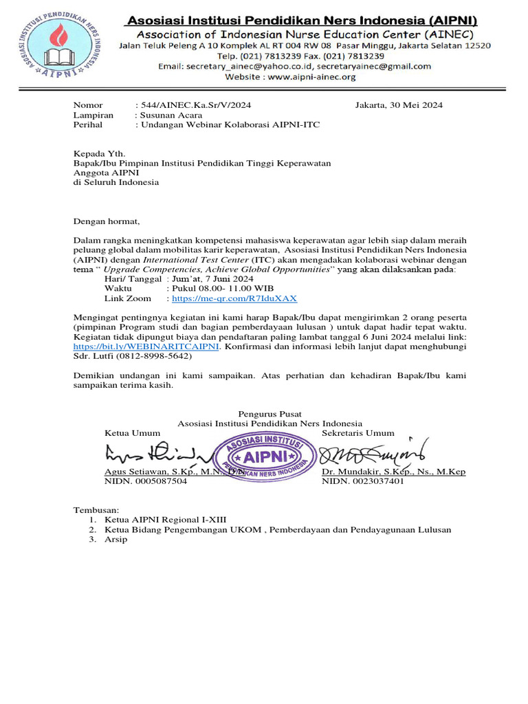 544 - Surat Undangan Kolaborasi Webinar AIPNI-ITC | PDF