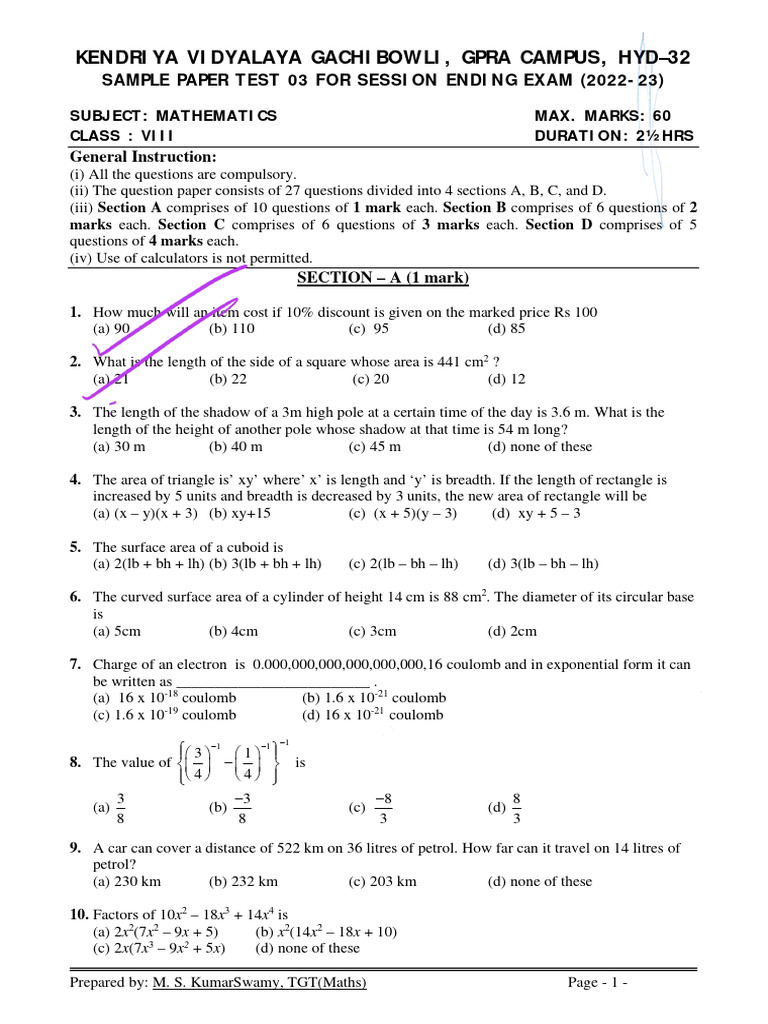 Class 8 Maths Sample Paper 2023 | PDF | Area