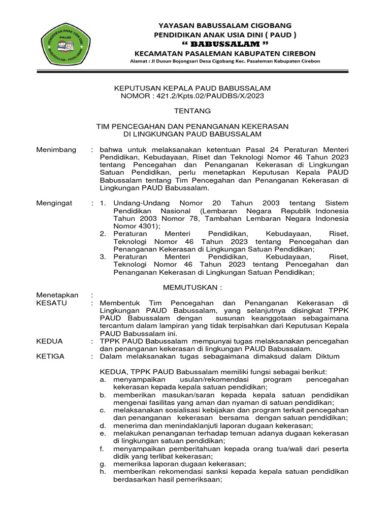 SK Tim (TPPK) - PAUD Babussalam OK | PDF