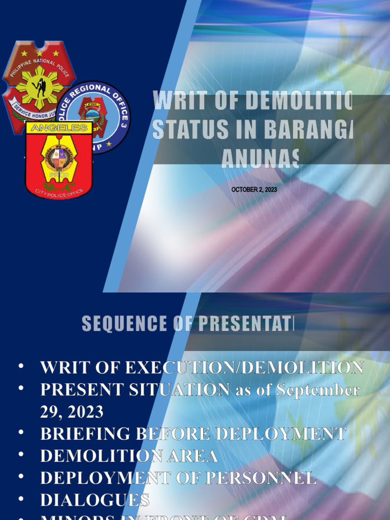 PS4 Writ of Demolition Status in Barangay Anunas | PDF | Justice ...