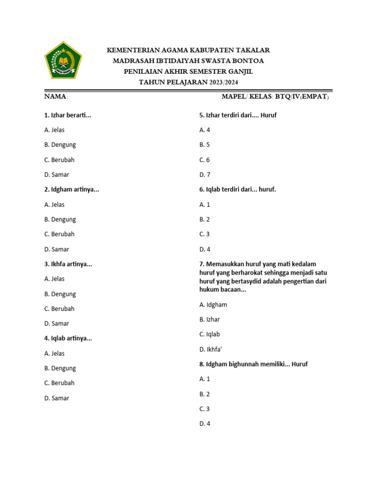 Arsip Soal BTQ Kelas Iv | PDF