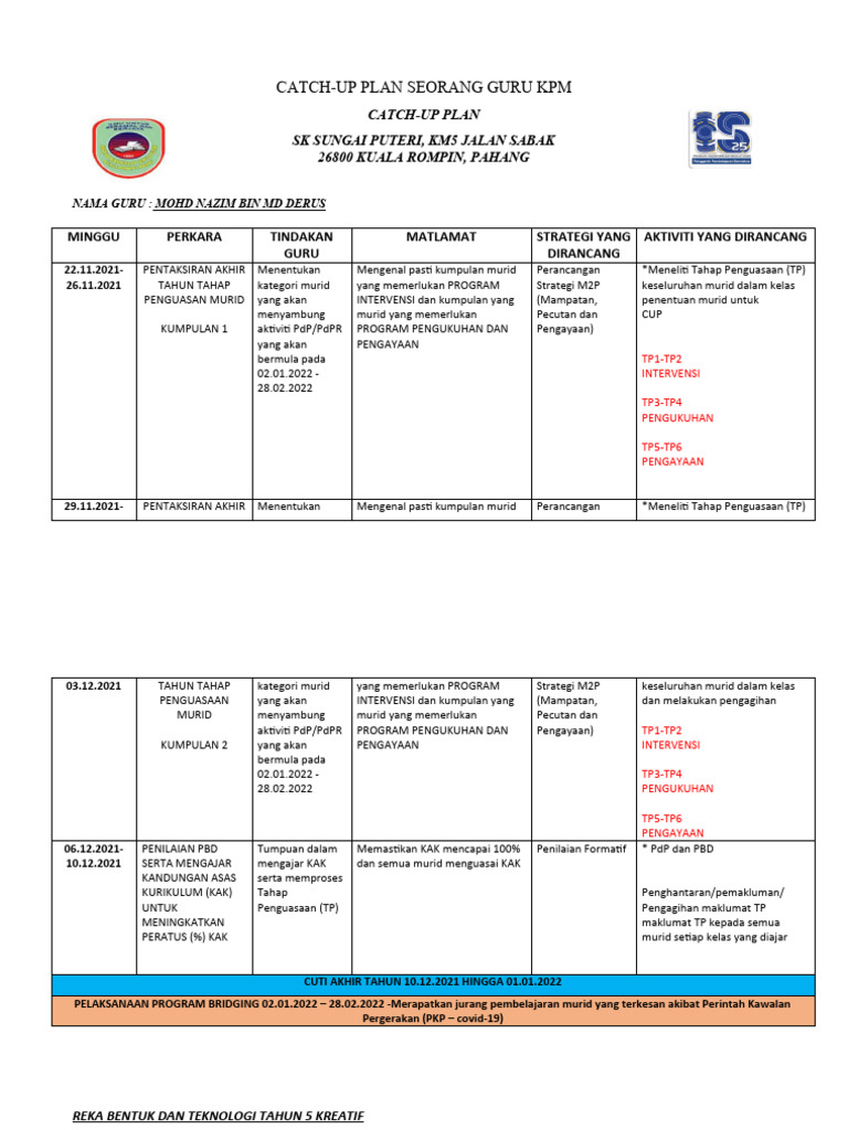 Catch Up Plan RBT Nazim | PDF