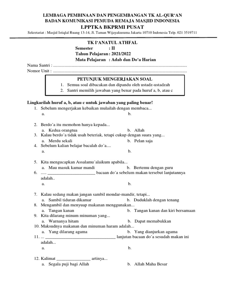 Soal TK (Doa Harian) | PDF