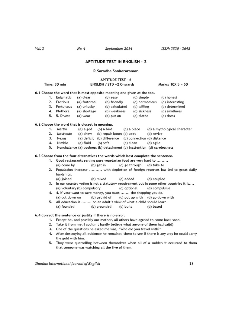 Aptitude Test in English - 2: Vol. 2 No. 4 September, 2014 ISSN: 2320 ...