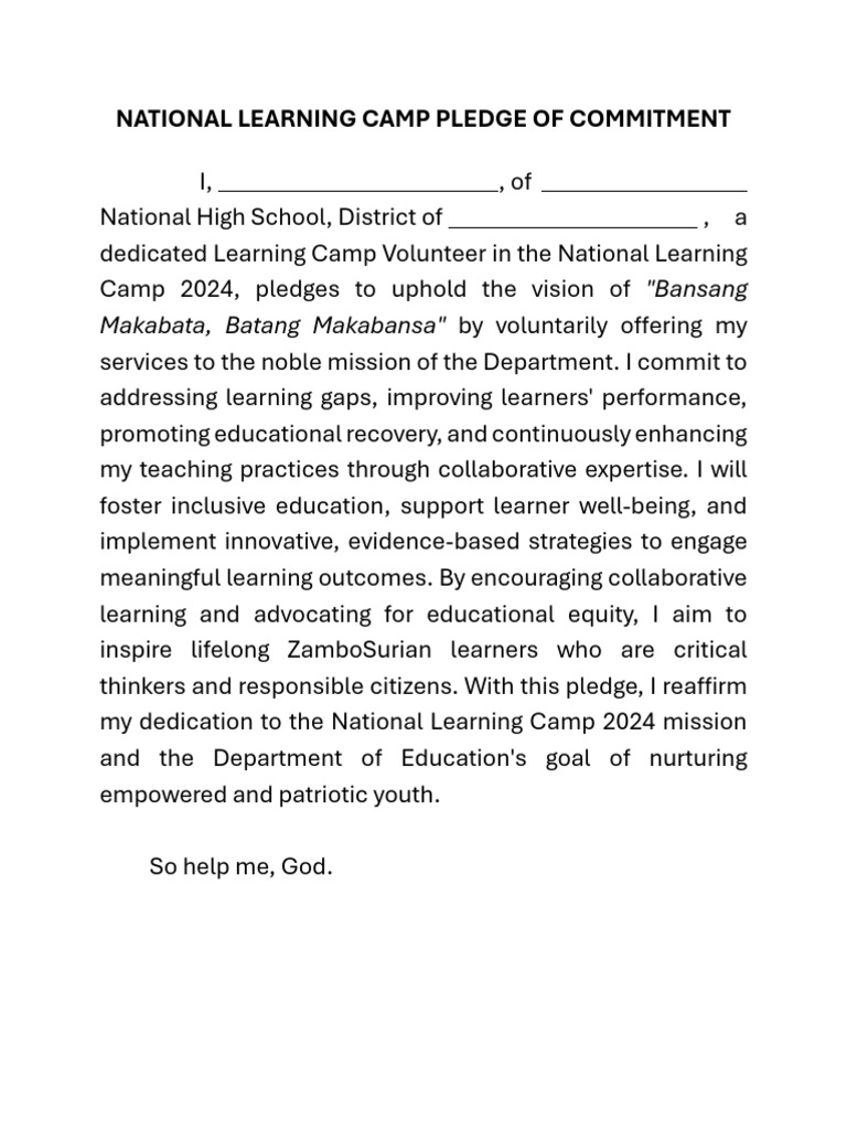 National Learning Camp Volunteer Pledge | PDF