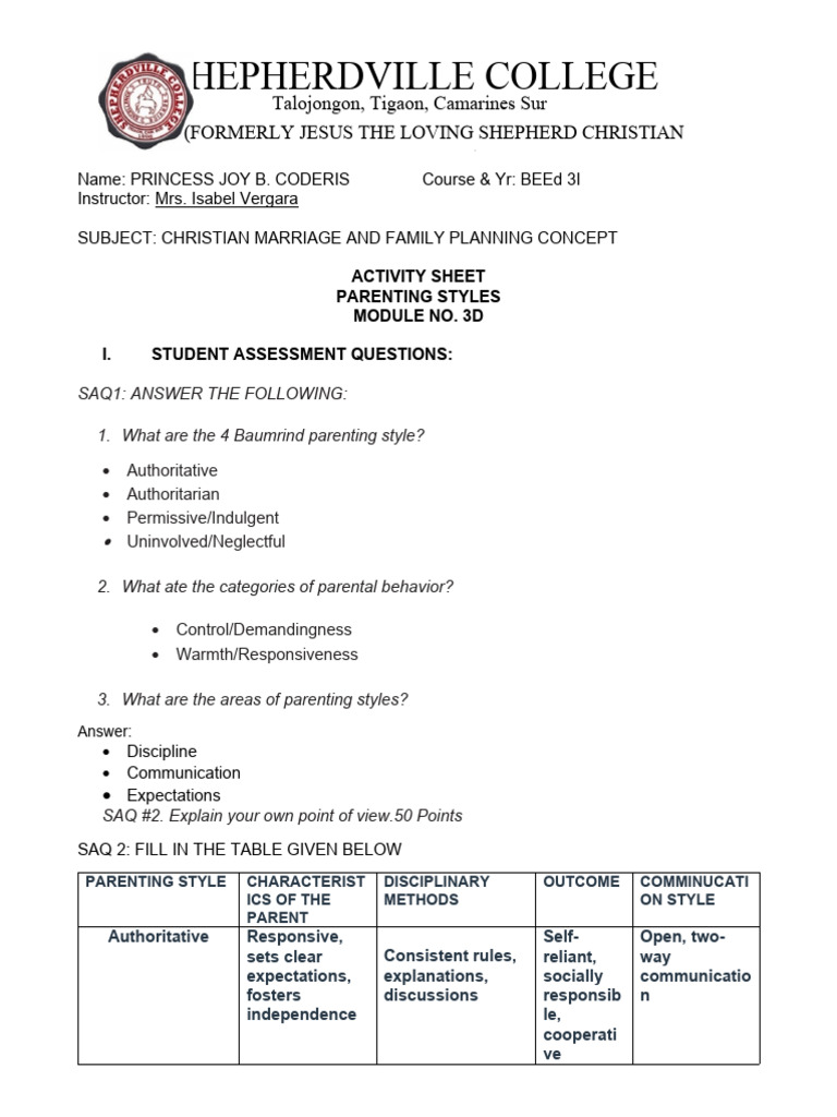 Parenting Styles Activity Sheet | PDF | Parenting | Human Development