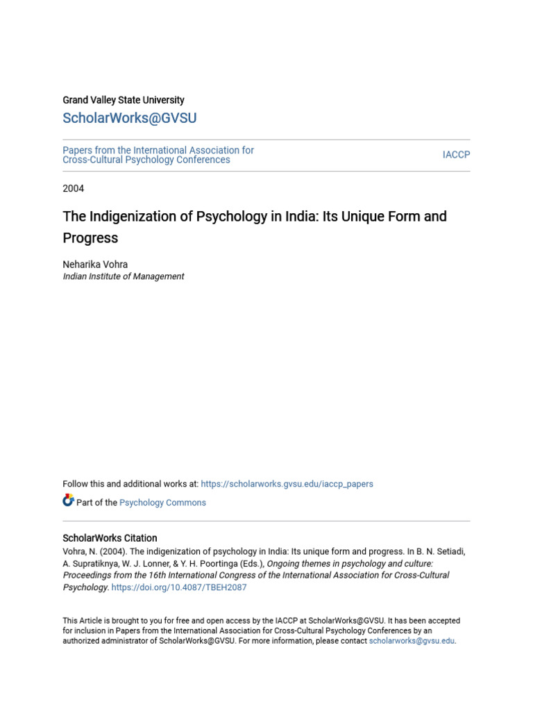 The Indigenization of Psychology in India - Its Unique Form and PR ...