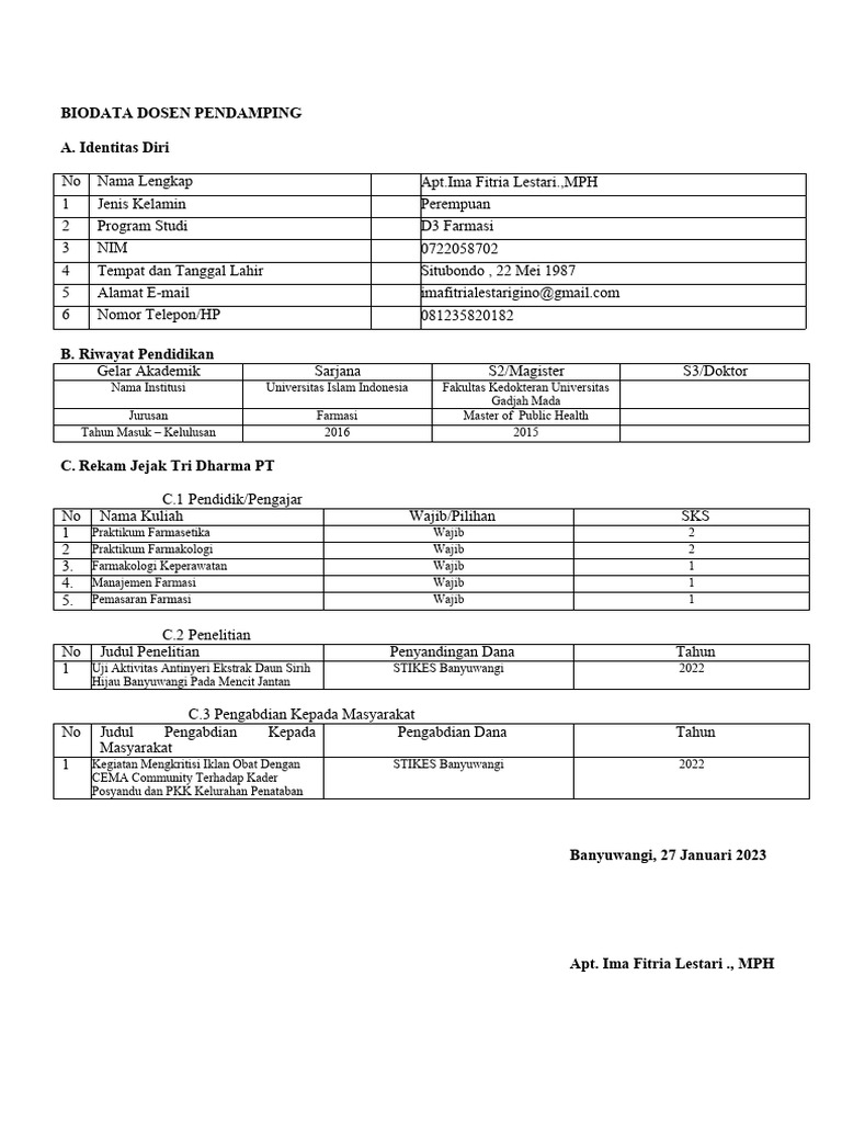 BIODATA DOSEN PENDAMPING Fix | PDF