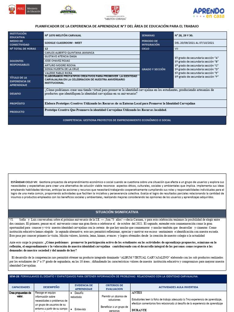 Planificador de La Experiencia de Aprendizaje N°7 Del Area de Educacion para El Trabajo ...