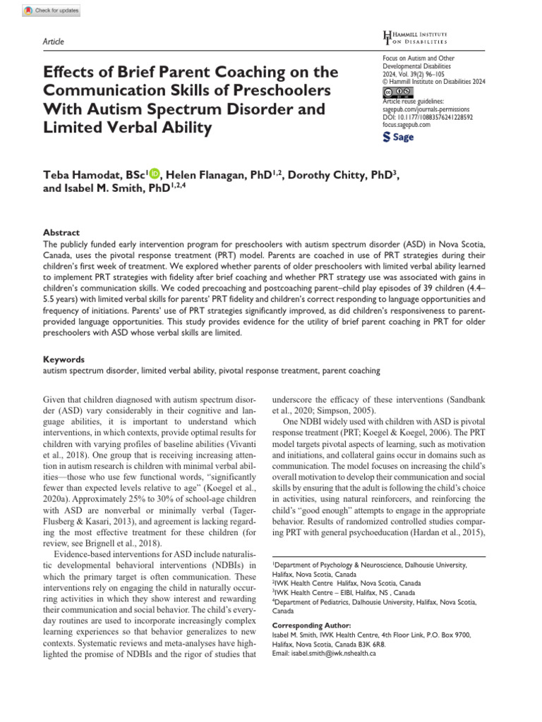 Hamodat Et Al 2024 Effects of Brief Parent Coaching On The Communication Skills of Preschoolers ...