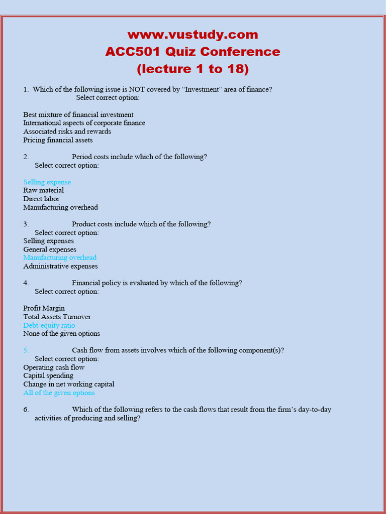 Acc501 Solved Mcqs From Quizs With Reference by Students | PDF | Cash Flow Statement | Equity ...