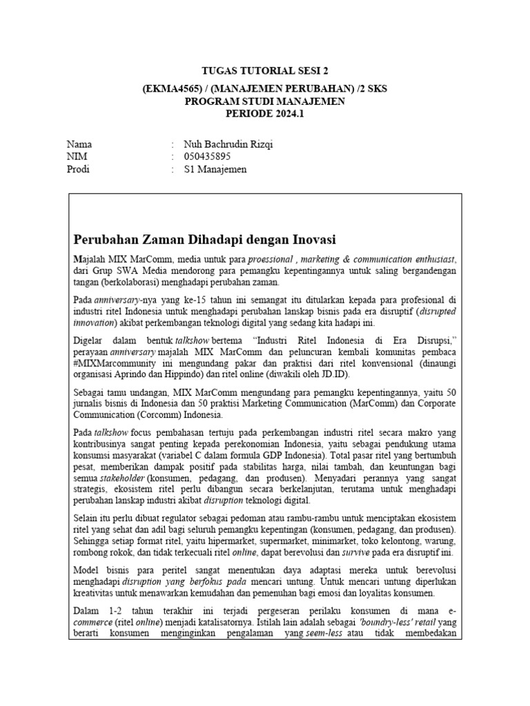 TUGAS 2 - Manajemen Perubahan Done | PDF | Bisnis | Seni