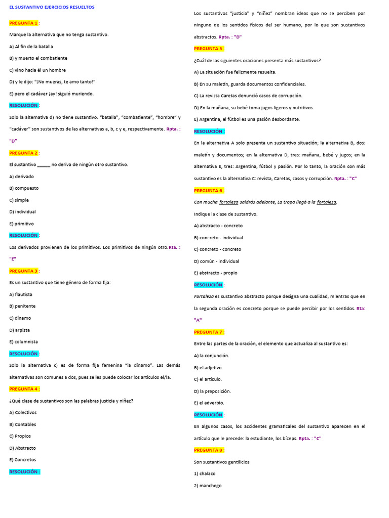 El Sustantivo Ejercicios Resueltos | PDF | Sustantivo | Palabra
