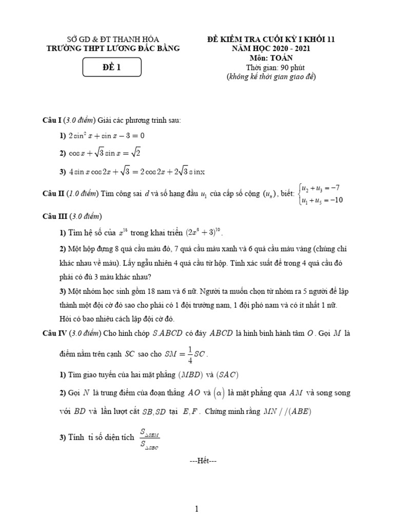 De Thi Cuoi Ky 1 Toan 11 Nam 2020 2021 Truong Luong Dac Bang Thanh Hoa | PDF