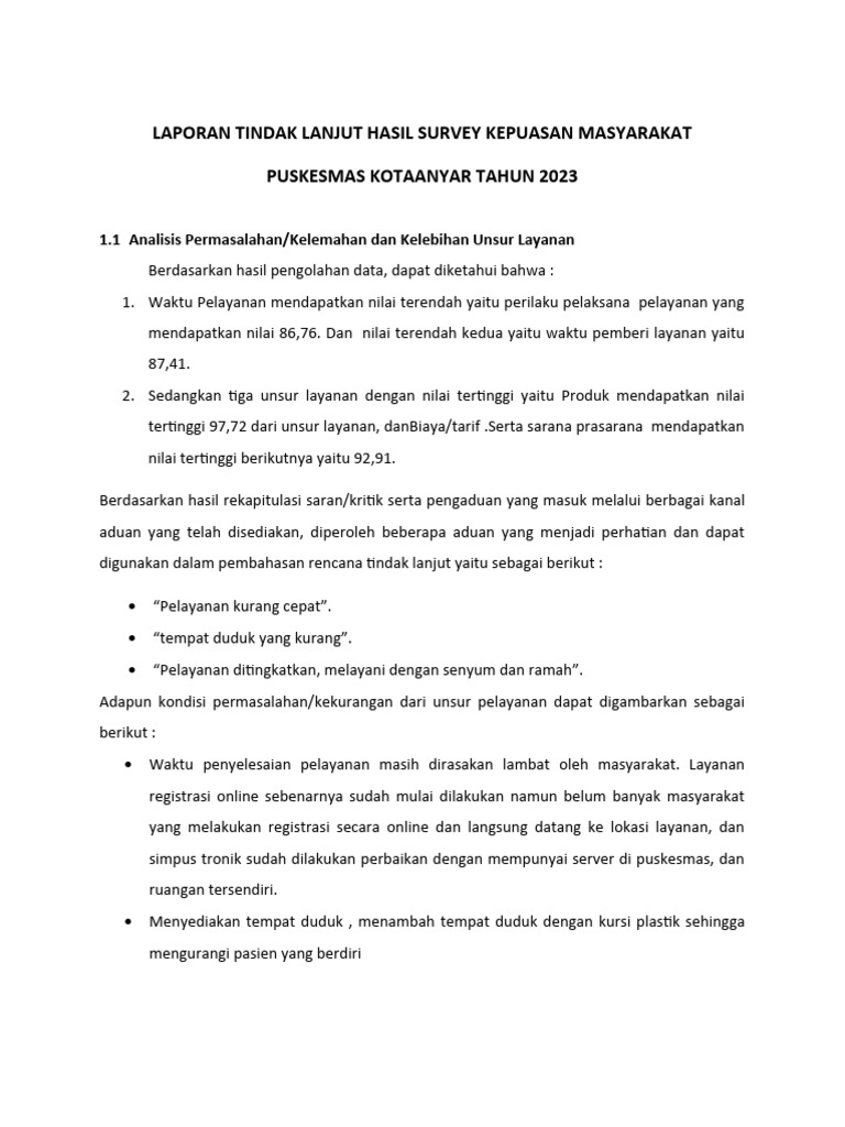 Laporan Tindak Lanjut Hasil Survey Kepuasan Masyarakat | PDF