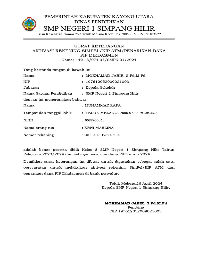 2024-03-01 Surat Keterangan Aktivasi Dan Penarikan PIP | PDF