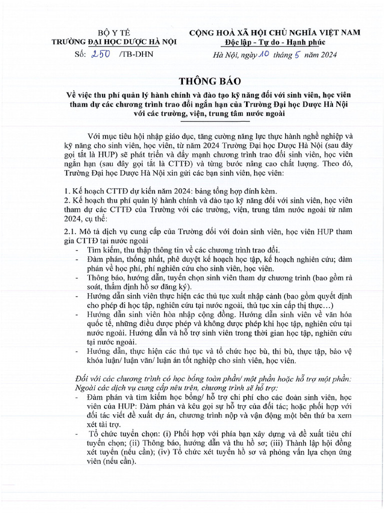 250 TB DHN Thu Phí QLHC Đào T o K Năng V I SV D Các CT Trao Đ I Trư NG ...