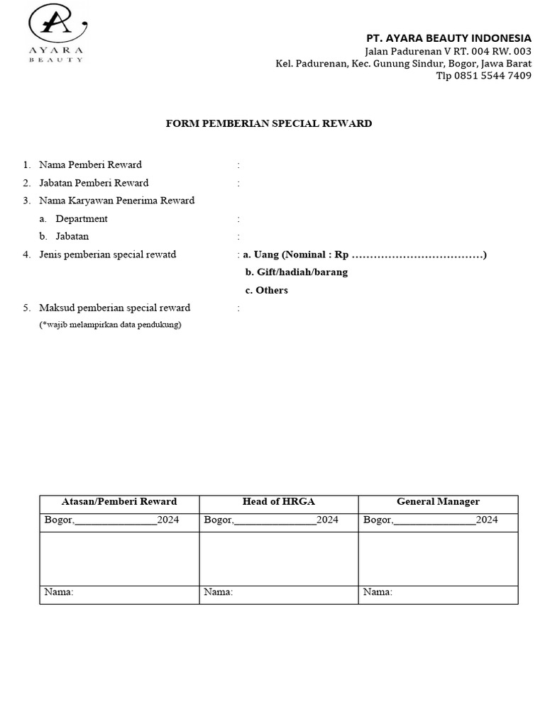 Form Pemberian Special Reward | PDF