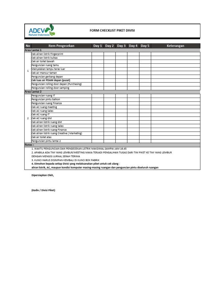 Checklist Piket Divisi Bulanan | PDF