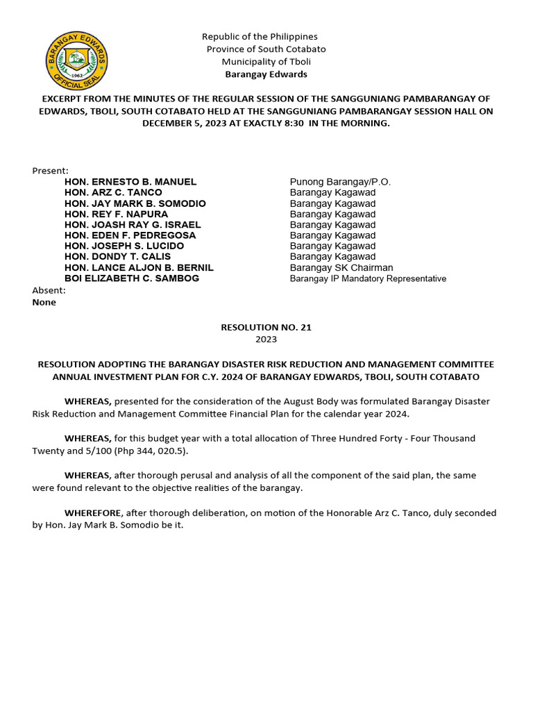 BDRRMC Resolution - Approval of Aip | PDF | Government