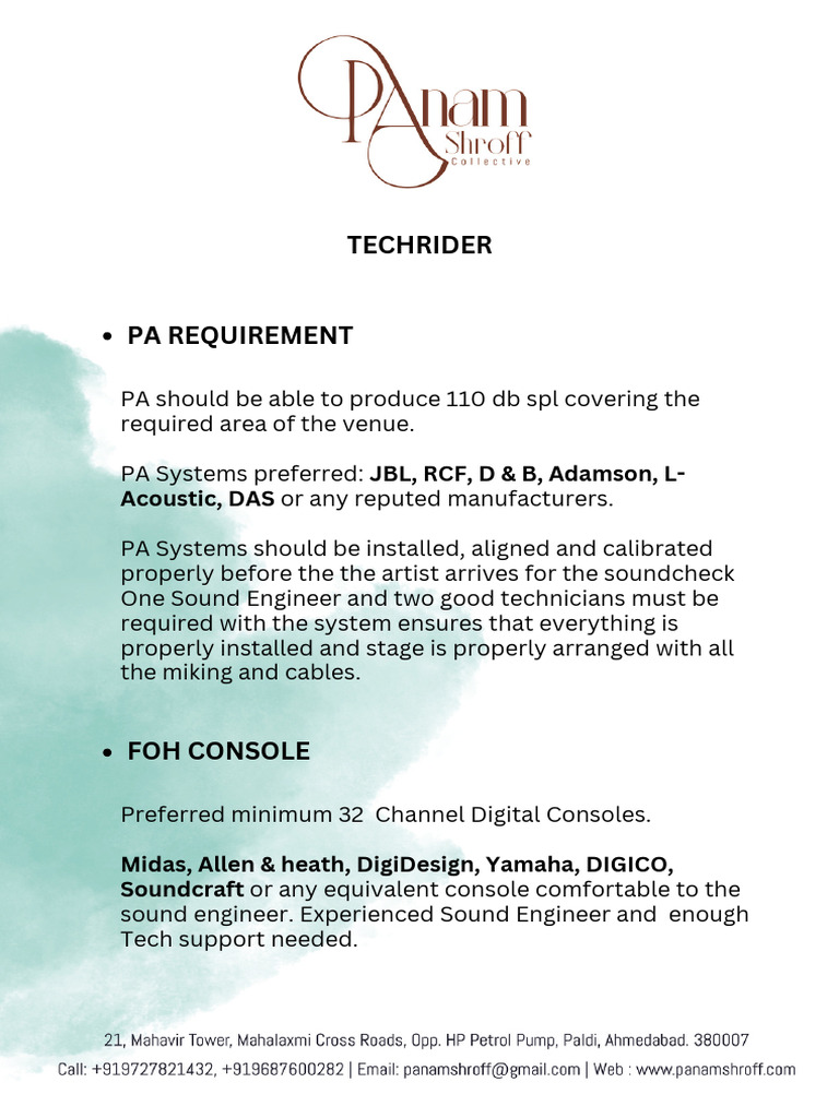 Stage Layout - 7 Piece Band - Panam Shroff Collective 3 | PDF | Microphone | Recording