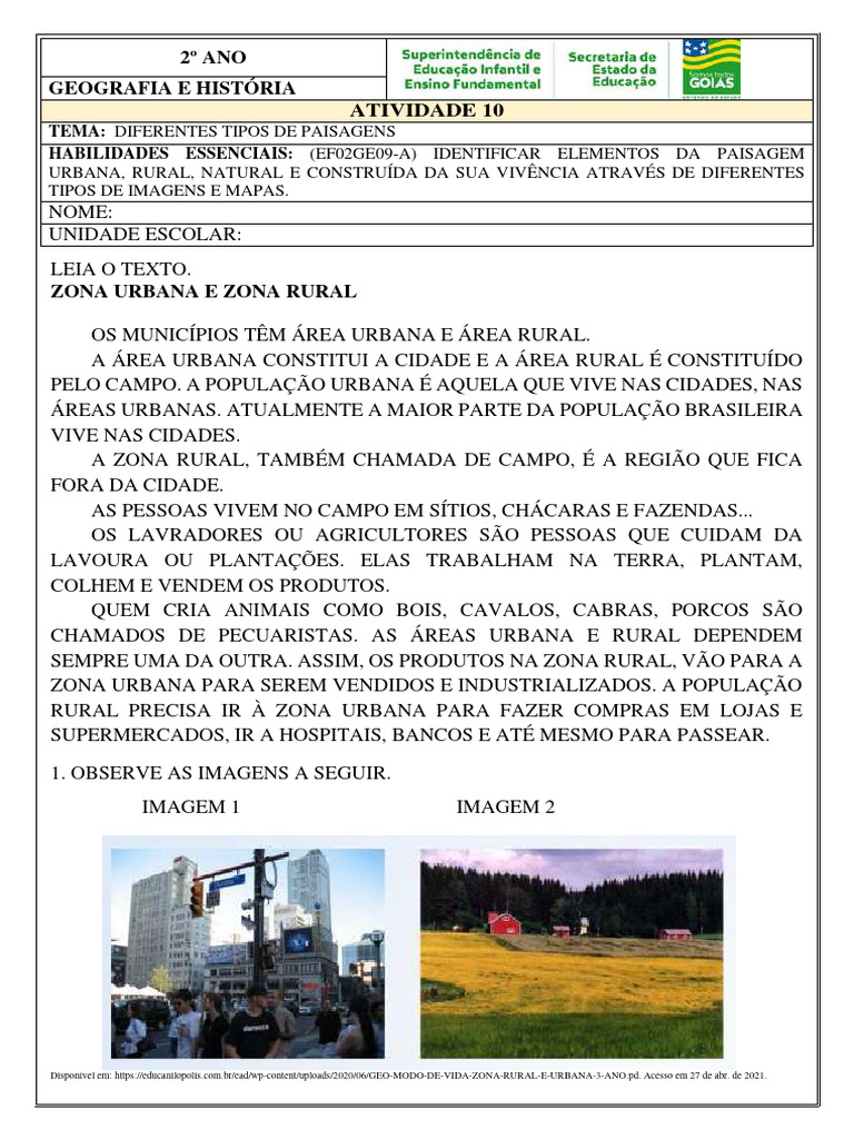Atividade 10 2o Ano Geo Hist Tema Zona Rural e Zona Urbana Professor ...