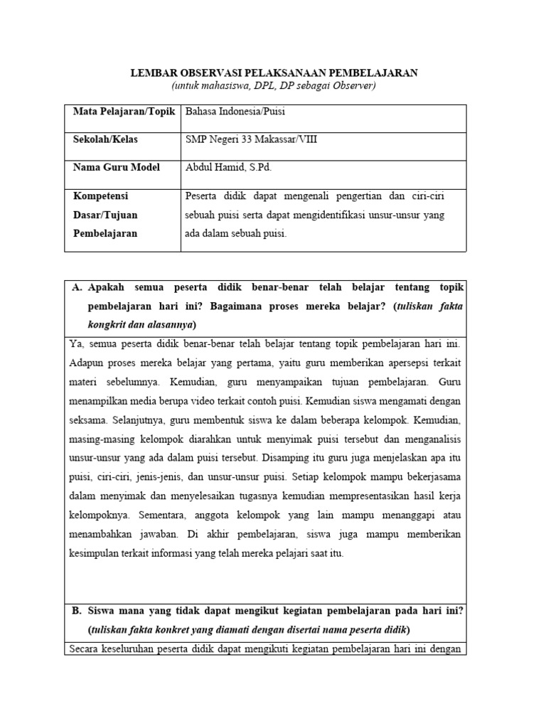 T3 - Siklus 2 - Lampiran 5. LK 4 Format Lembar Observasi Pelaksanaan Pembelajaran Untuk Observer ...