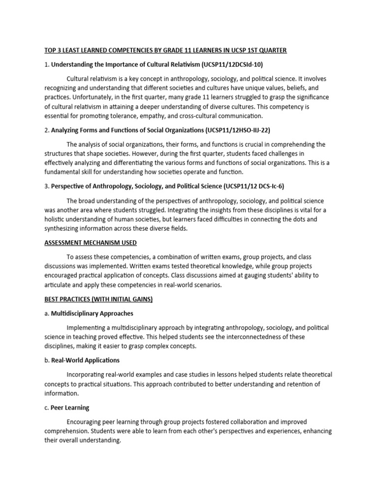 Top 3 Least Learned Competencies by Grade 11 Learners in Ucsp 1ST ...