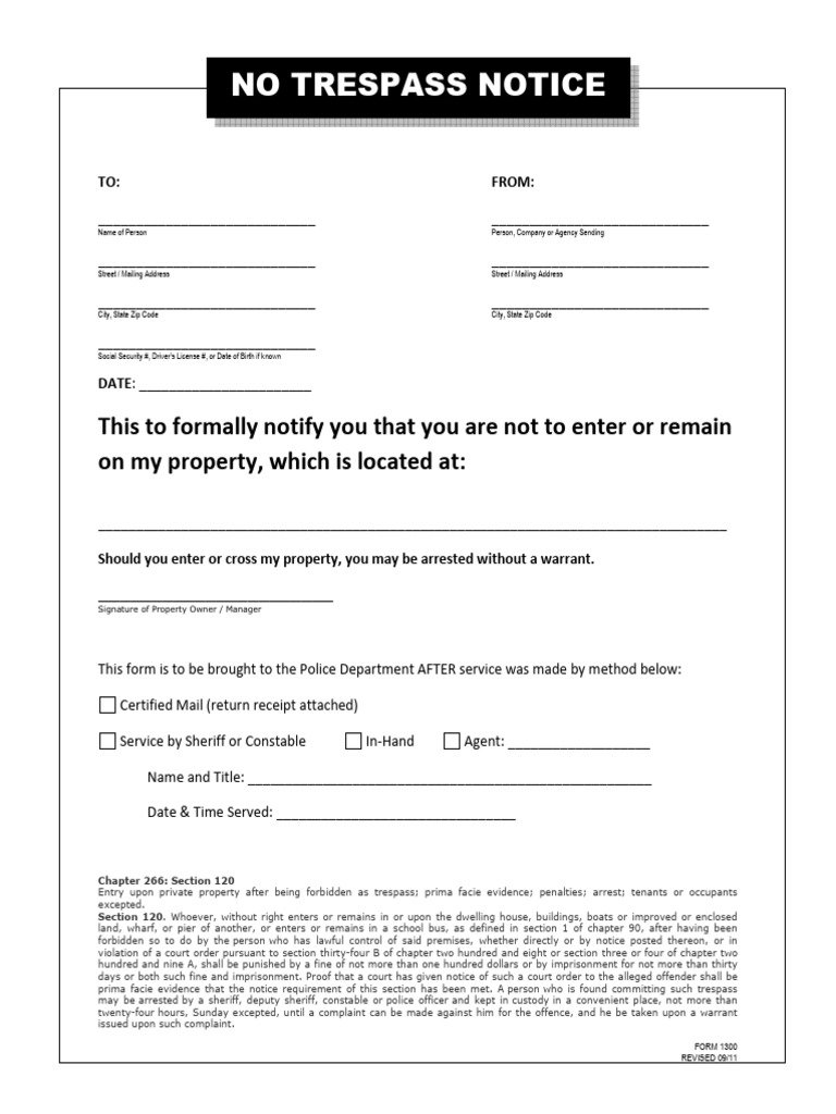 No Trespassing Letter Form | PDF | Crimes | Crime & Violence