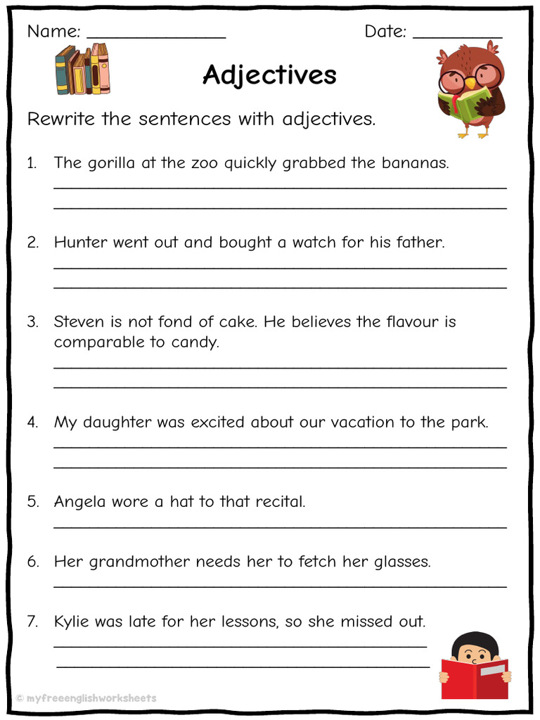 Adjective Rewrite Worksheet for Kids | PDF | Language Arts & Discipline ...
