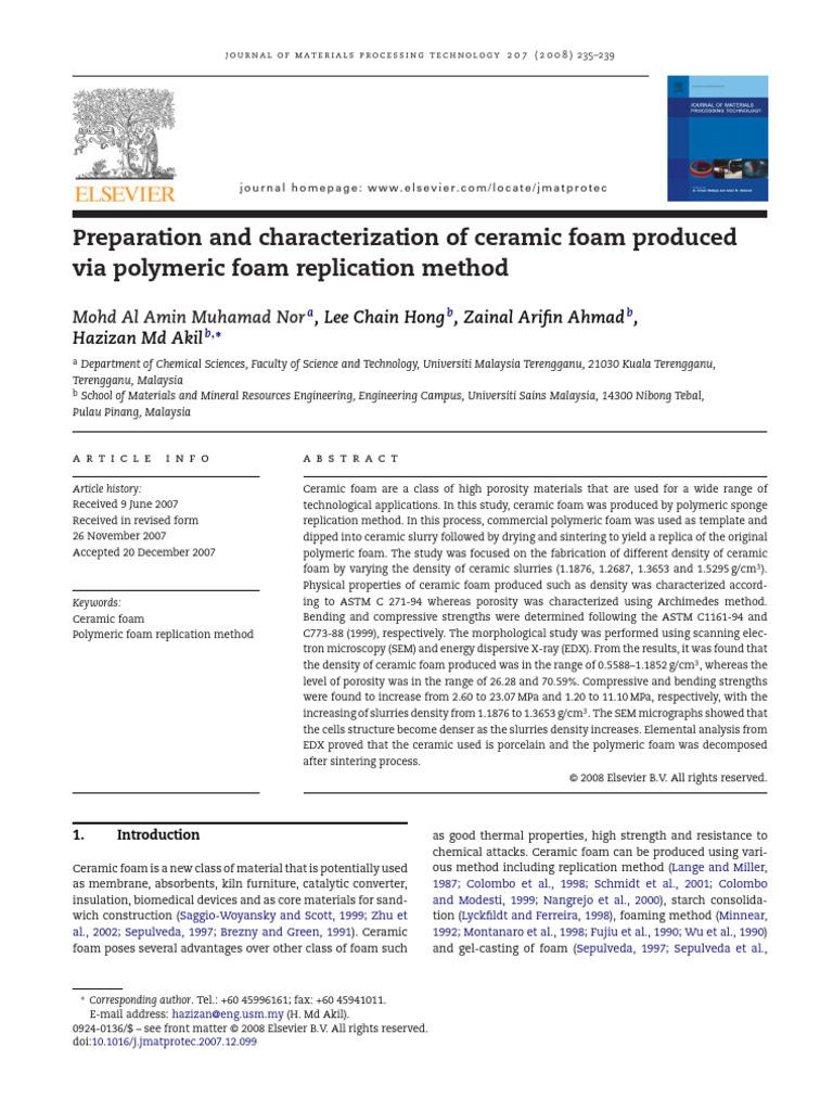Preparation and Characterization of Ceramic Foam Produced Via Polymeric ...