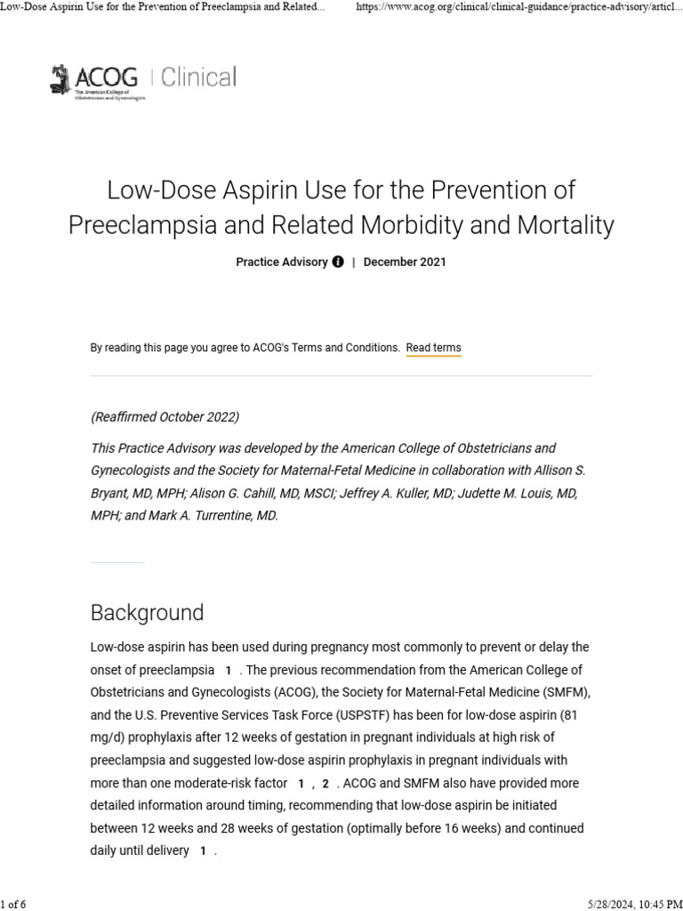 Low-Dose Aspirin Use For The Prevention of Preeclampsia and Related ...