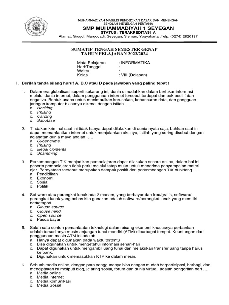 Soal STS Informatika Kelas 8 Sem Genap 2024 Fix | PDF