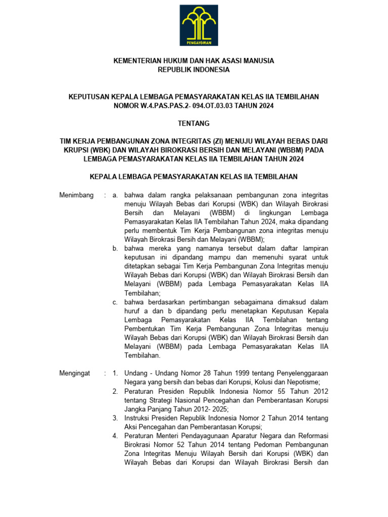 Revisi SK Tim Kerja Zi Tahun 2024 | PDF