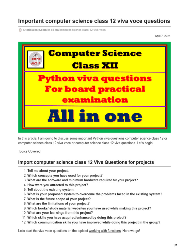 Computer Science Class 12 Viva Voce Questions | PDF | Parameter ... Computer Science Class 12 Viva Voce Questions | PDF | Parameter ...