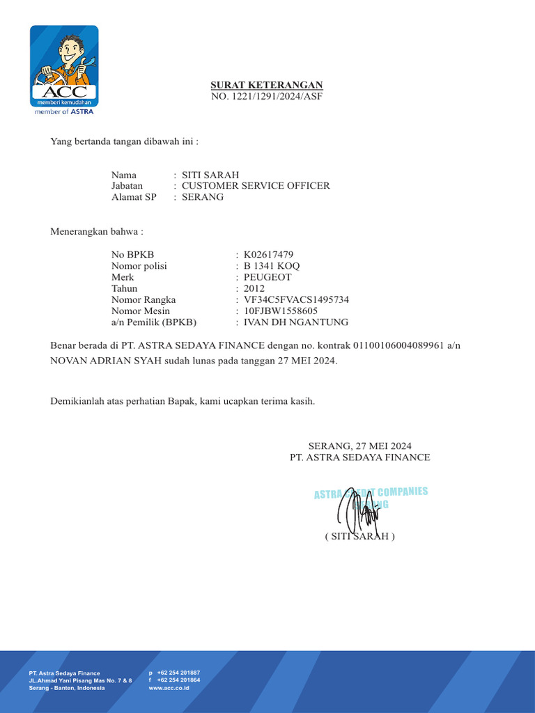 Surat Keterangan Lunas ACC Finance | PDF