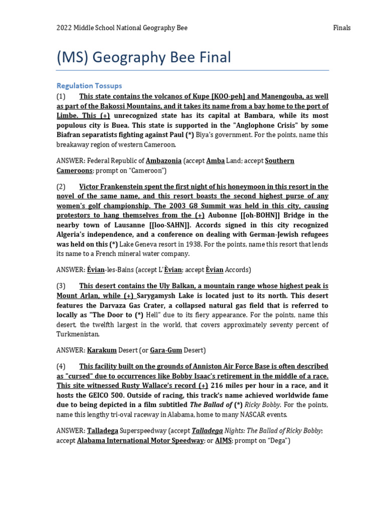 2022 Middle School Geography Bee Finals | PDF