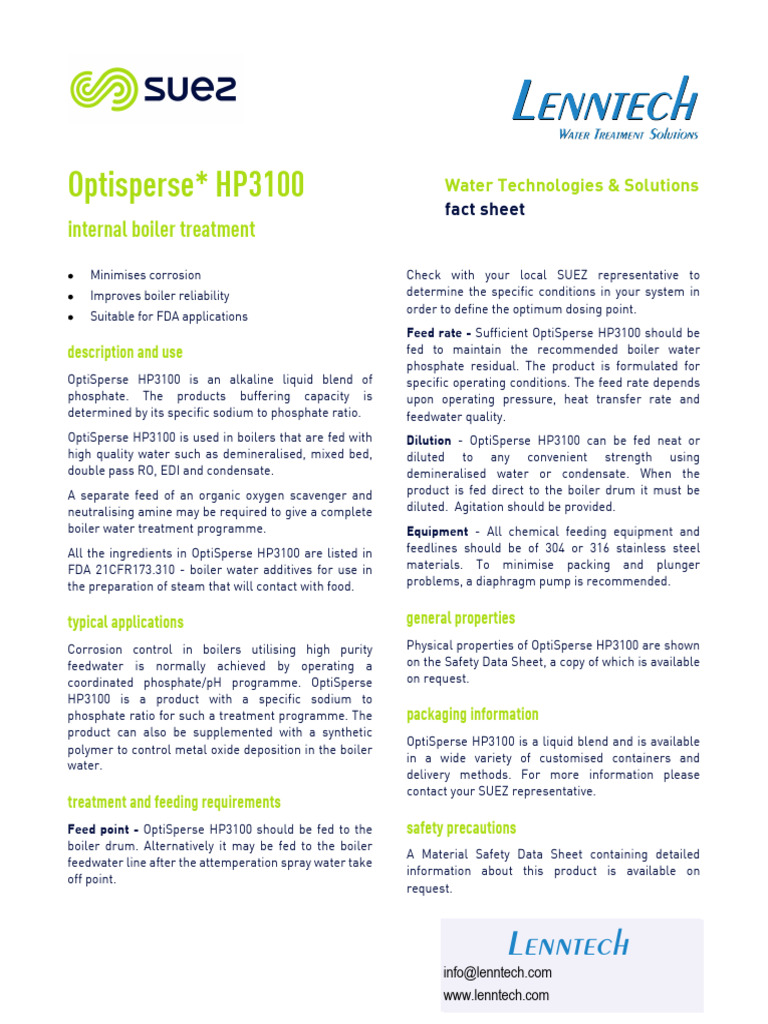 OptiSperse HP3100 Boiler Treatment Guide | PDF | Boiler | Materials