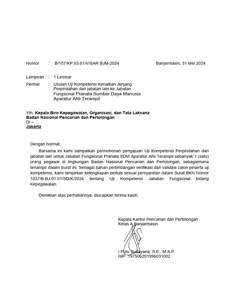 Contoh Format Surat Usulan Uji Kompetensi JFK | PDF