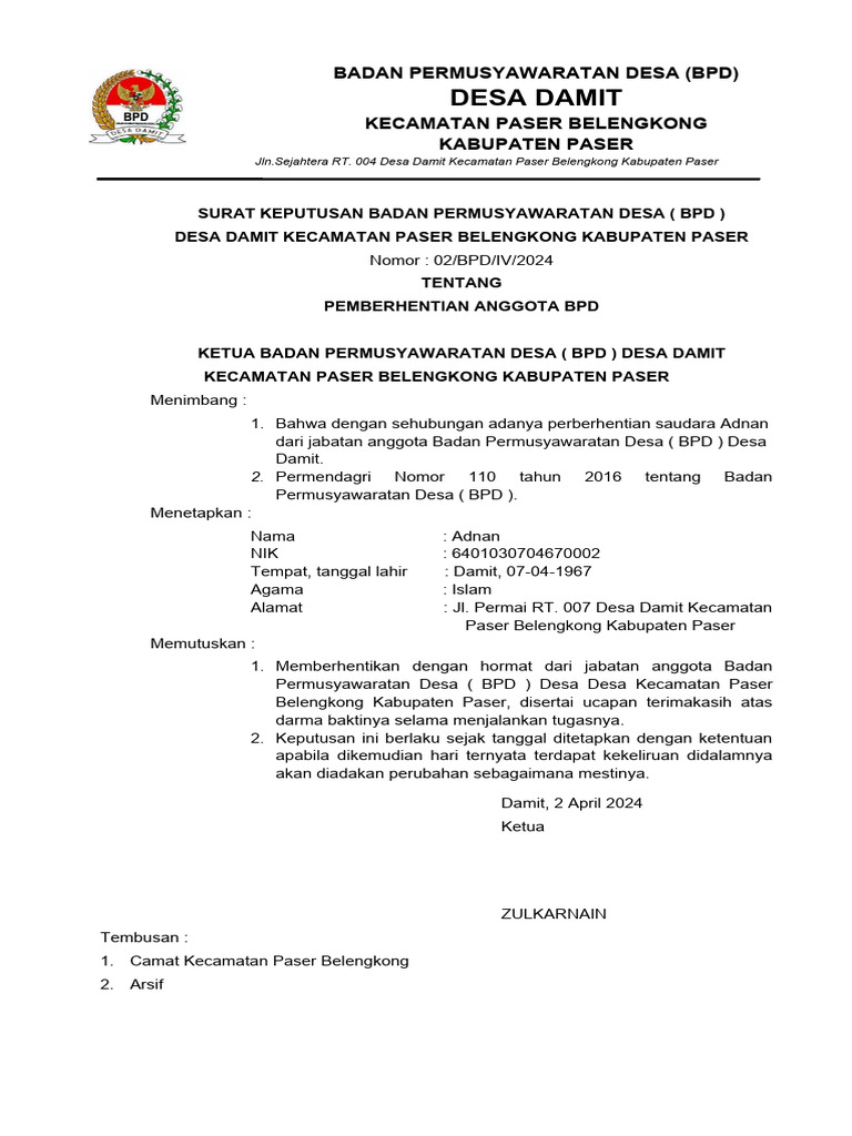 SK Pemberhentian Anggota BPD | PDF