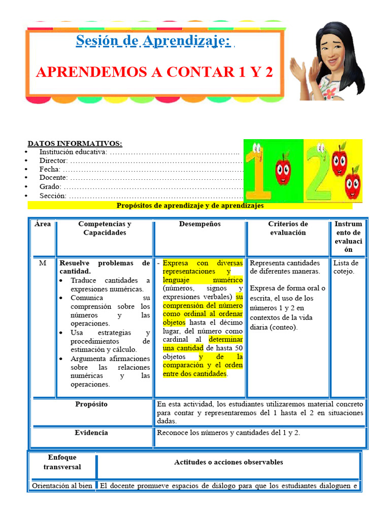 1° SESIÓN DÍA 3 MAT APRENDEMOS A CONTAR 1 Y 2 | PDF | Evaluación ...