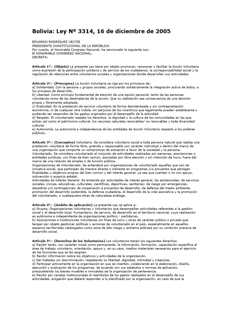 Ley 3314: Promoción del Voluntariado en Bolivia | PDF | Interés público ...