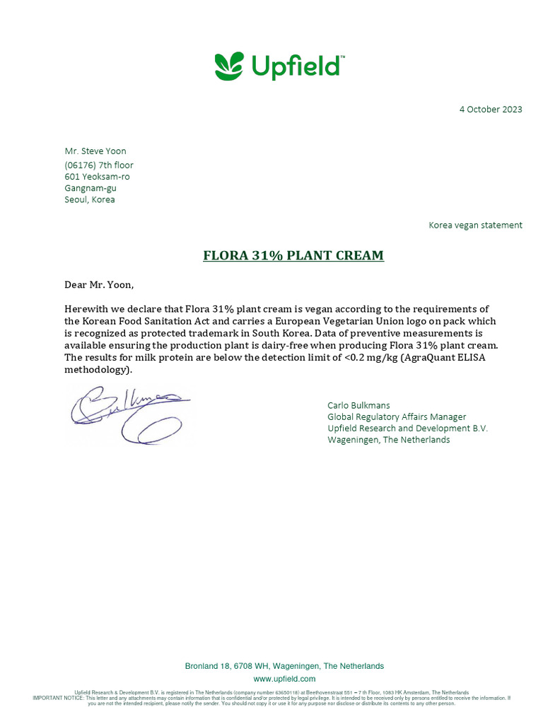 Upfield RD BV Flora Plant Cream 3125 Vegan Statement - 4oct23 | PDF ...
