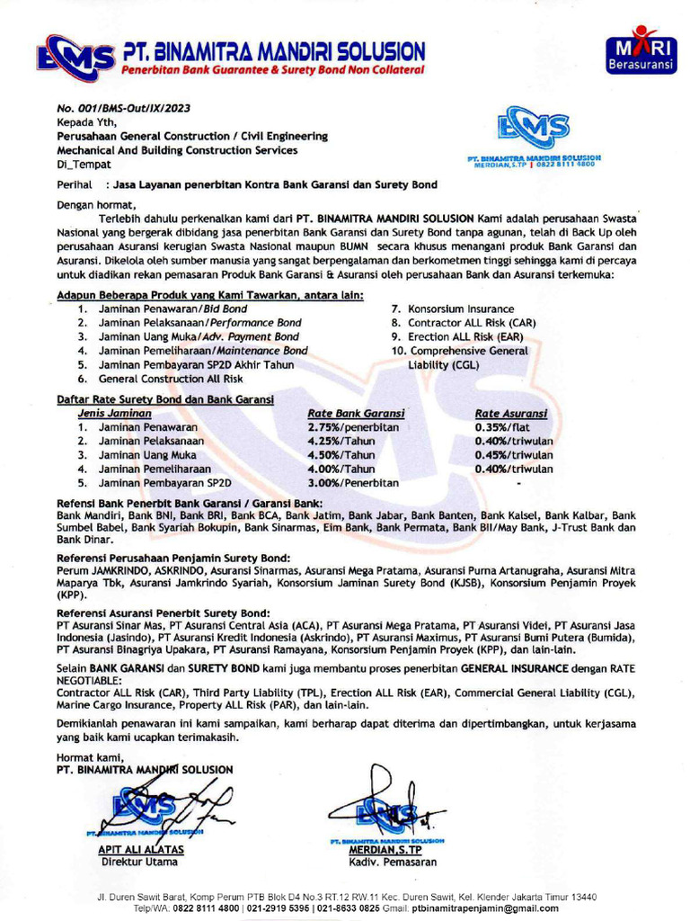 Lampiran Penawaran Harga Penerbitan Bank Garansi Dan Surety Bond PT BMS | PDF